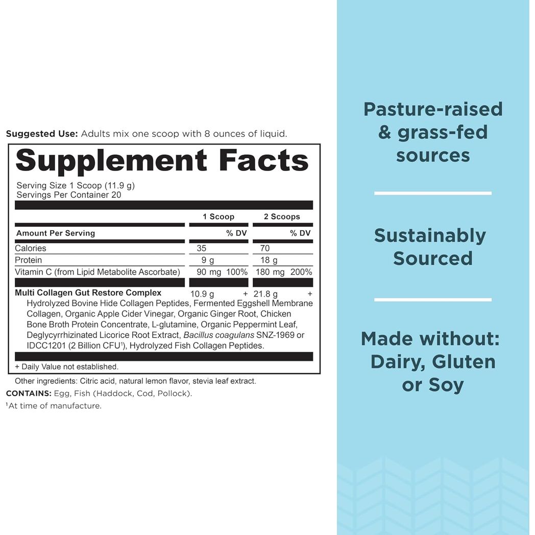 Ancient Nutrition Collagen Powder Protein Gut Restore Lemon Ginger 20 ...